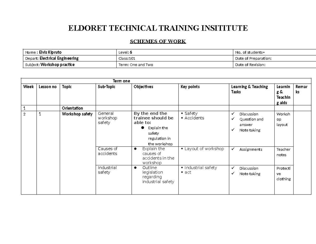 Workshop schemes - ELDORET TECHNICAL TRAINING INSITITUTE SCHEMES OF ...