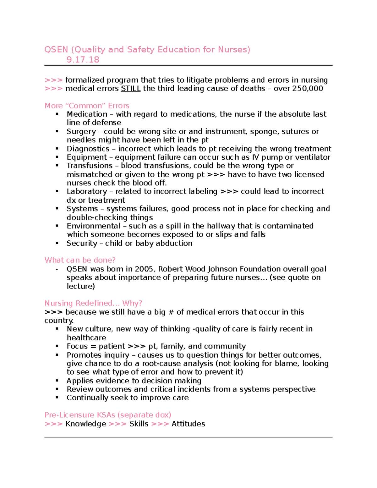 QSEN - Prof. Rule - QSEN (Quality and Safety Education for Nurses) 9.17 ...