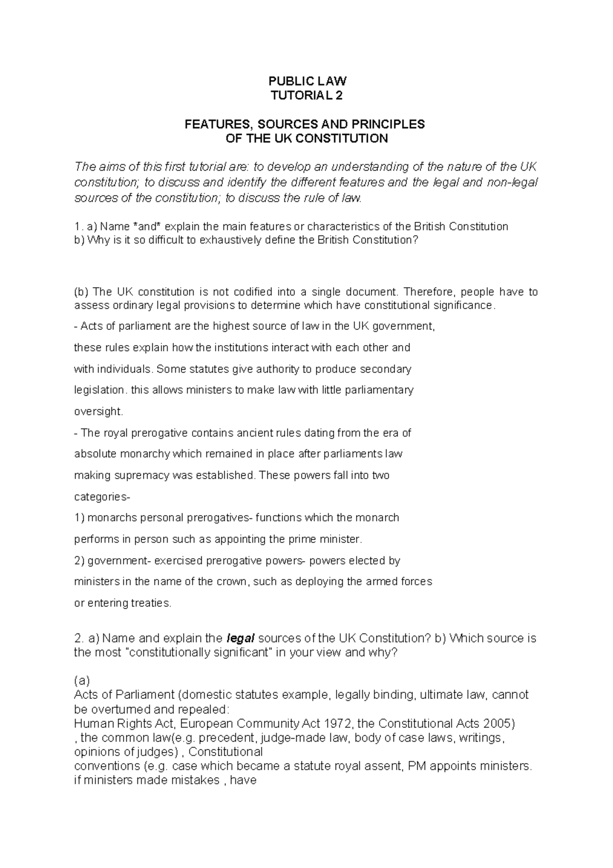 SOAS Public Law Tutorial 2 (2023-2024) - PUBLIC LAW TUTORIAL 2 FEATURES, SOURCES AND PRINCIPLES ...