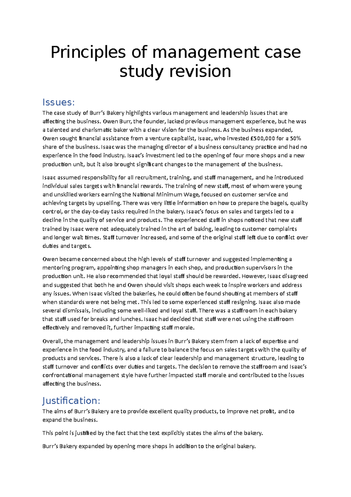 Principles of management case study revision 1 - Herts - Studocu