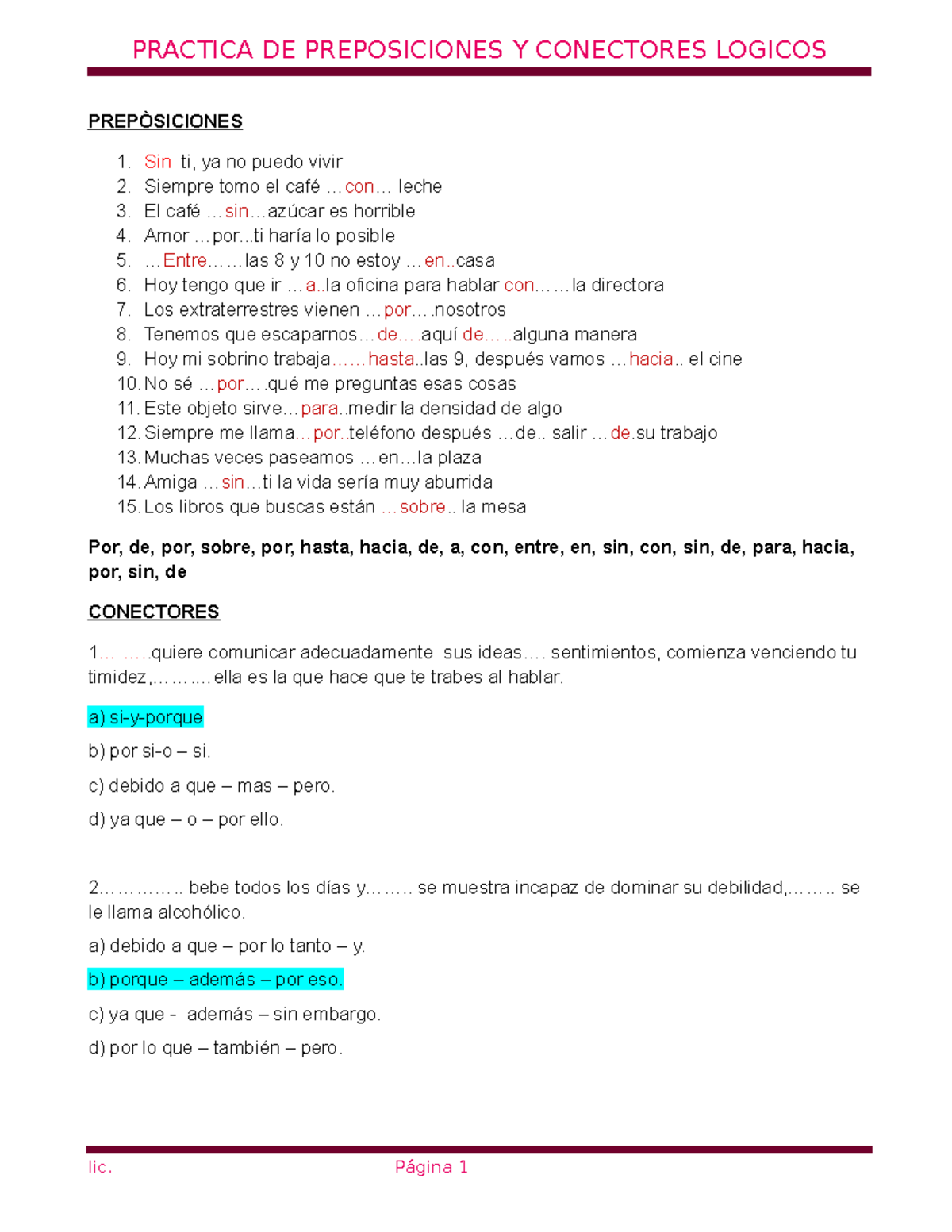 Practica Semana 11 Conectores - PRACTICA DE PREPOSICIONES Y CONECTORES ...