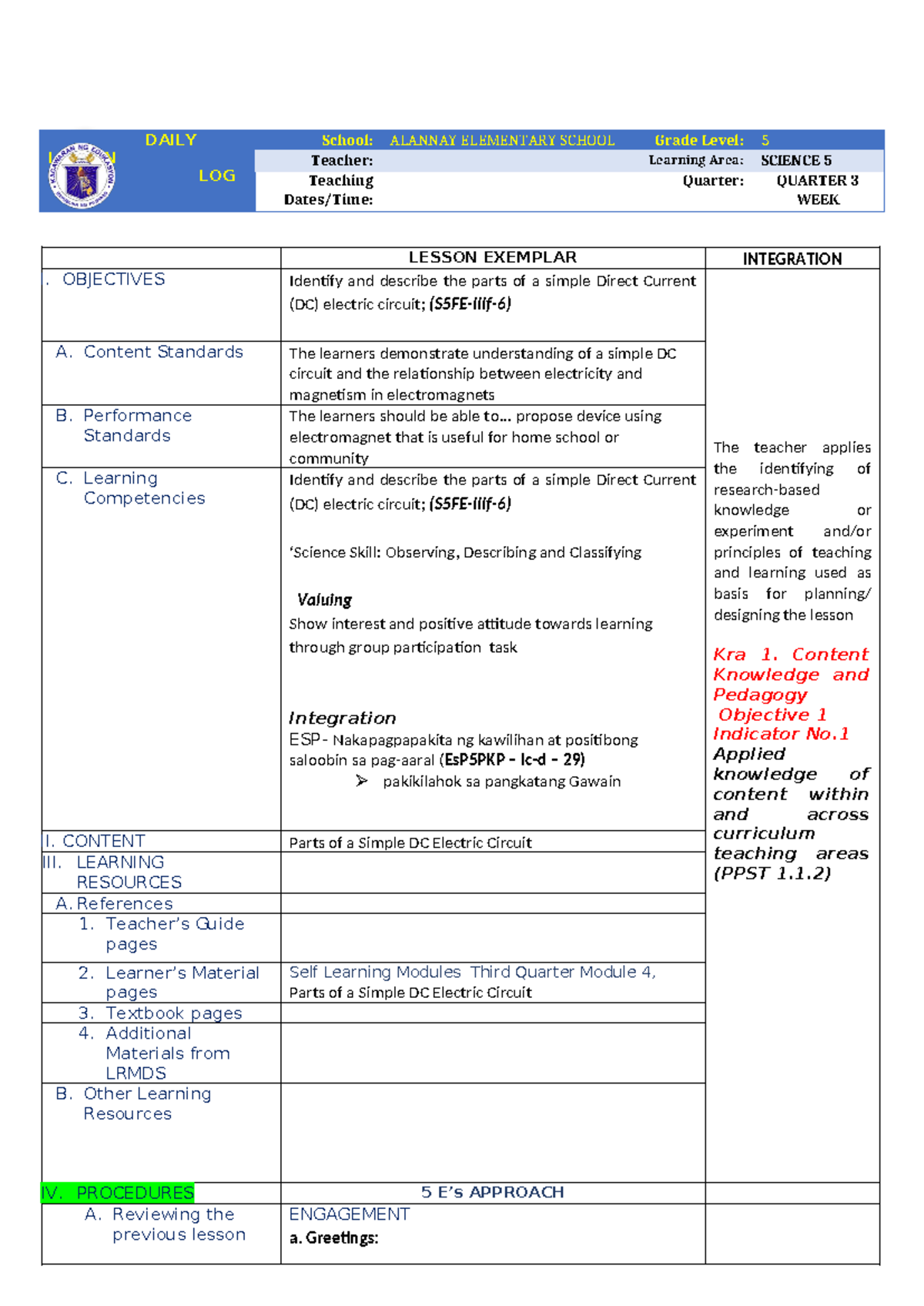 Q3 Science 5 Lesson PLAN Electric Circuit - DAILY LESSON LOG School ...