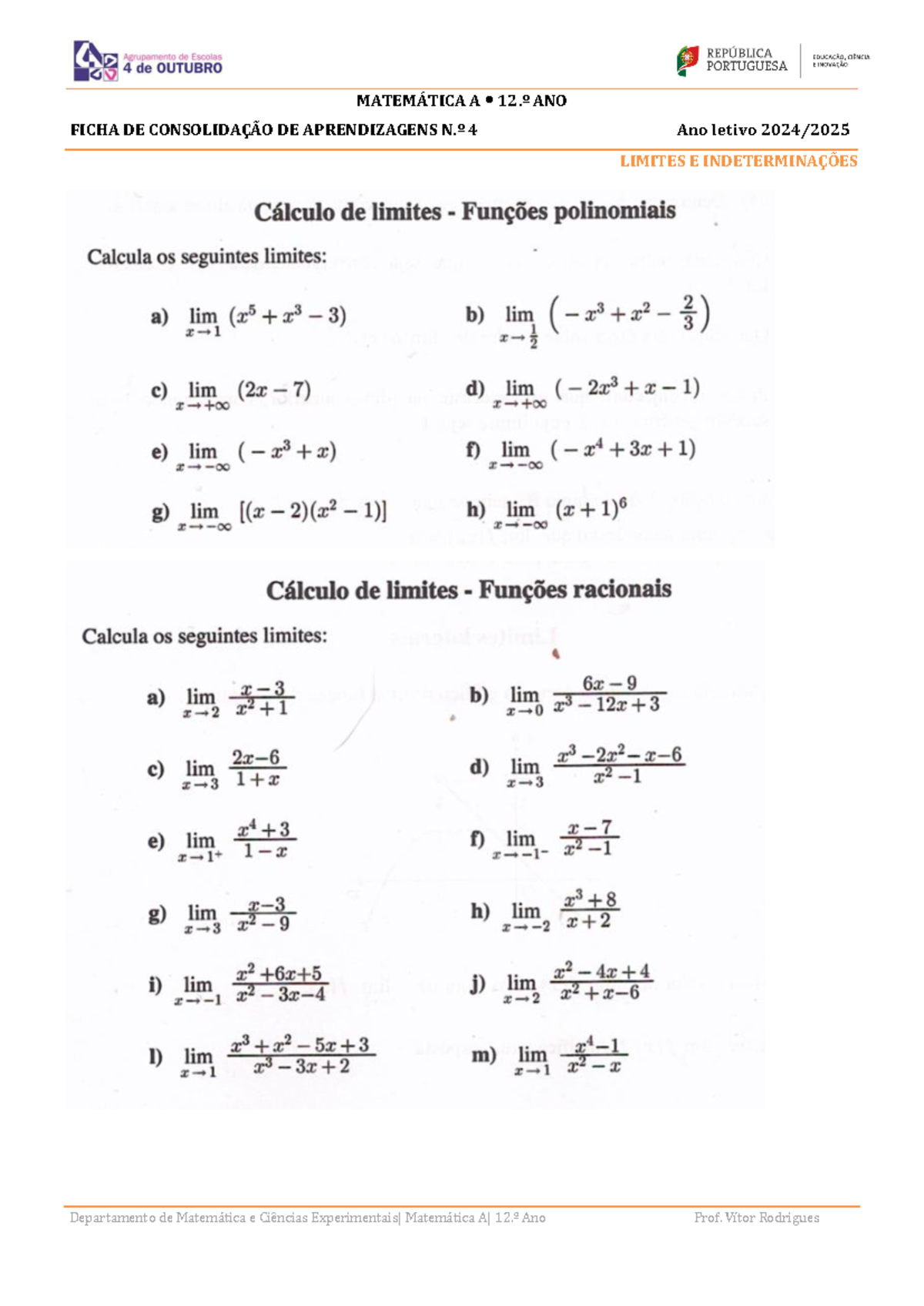 MAT12 Ficha de Trabalho A4 - Matemática A - MATEMÁTICA A 12 .º ANO ...