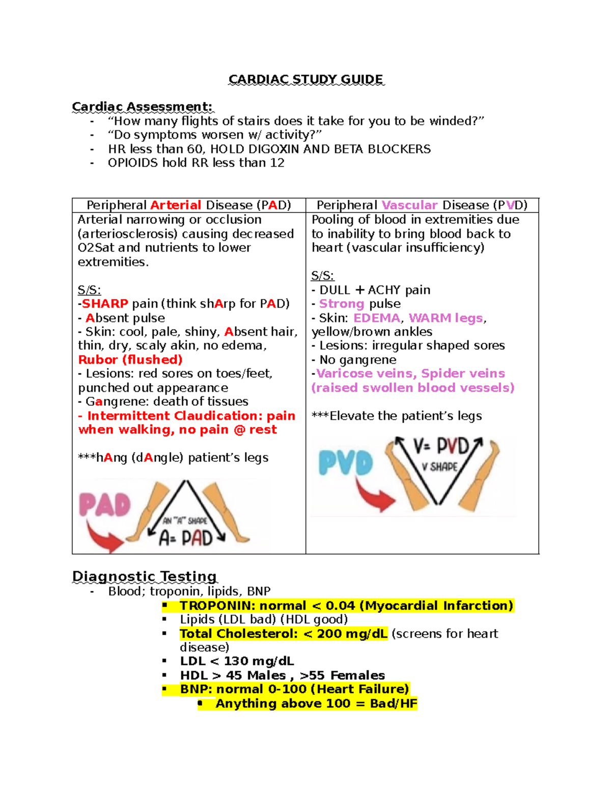 Cardiac study guide - CARDIAC STUDY GUIDE Cardiac Assessment: - “How ...