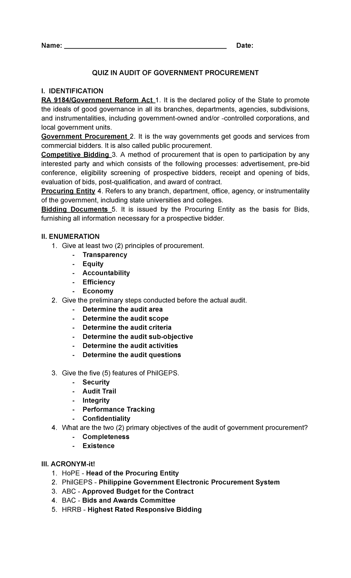 Audit OF GOV'T Procurement - Name: Date: . QUIZ IN AUDIT OF GOVERNMENT ...