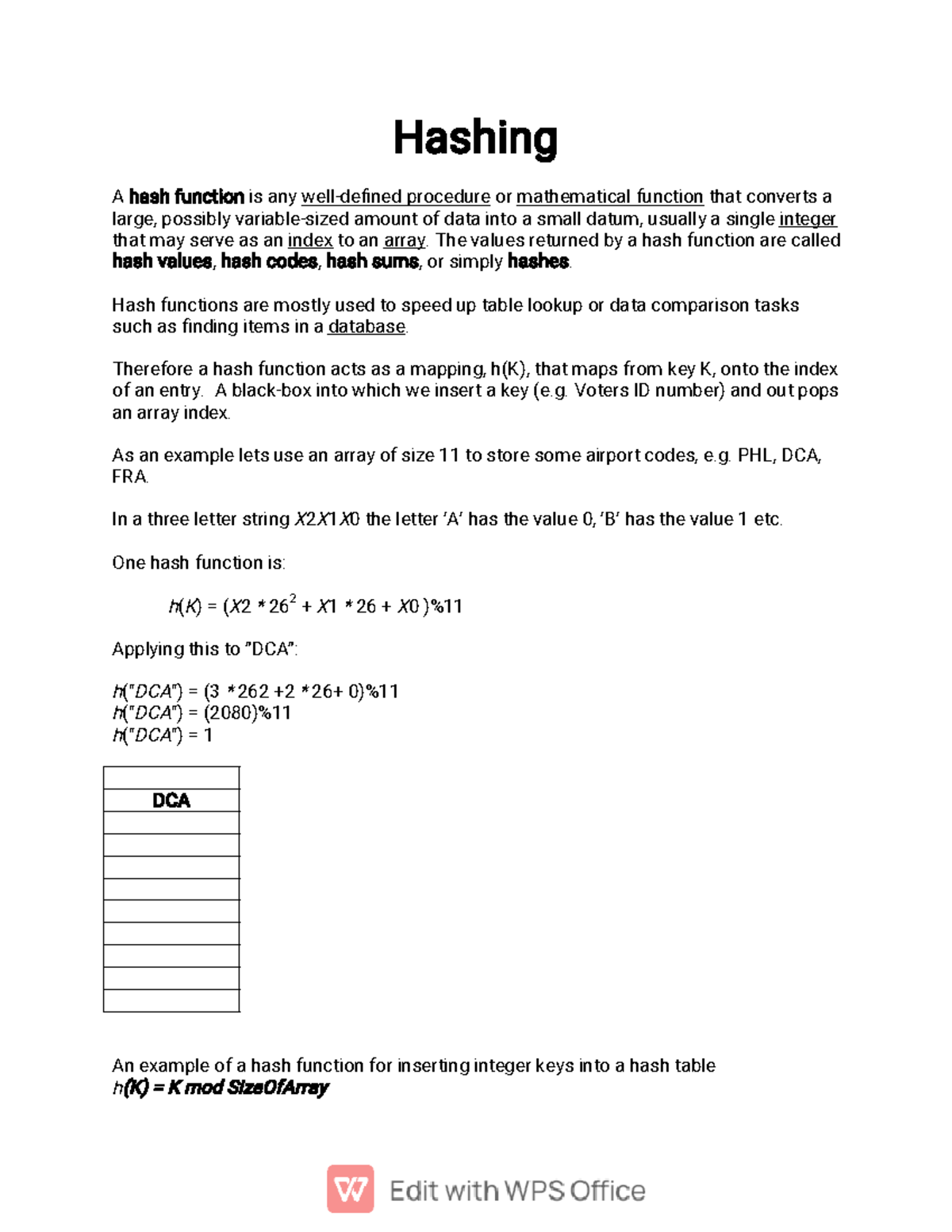 Hashing And Sorting Hashing A Hash Function Is Any Well Defined Procedure Or Mathematical 2940