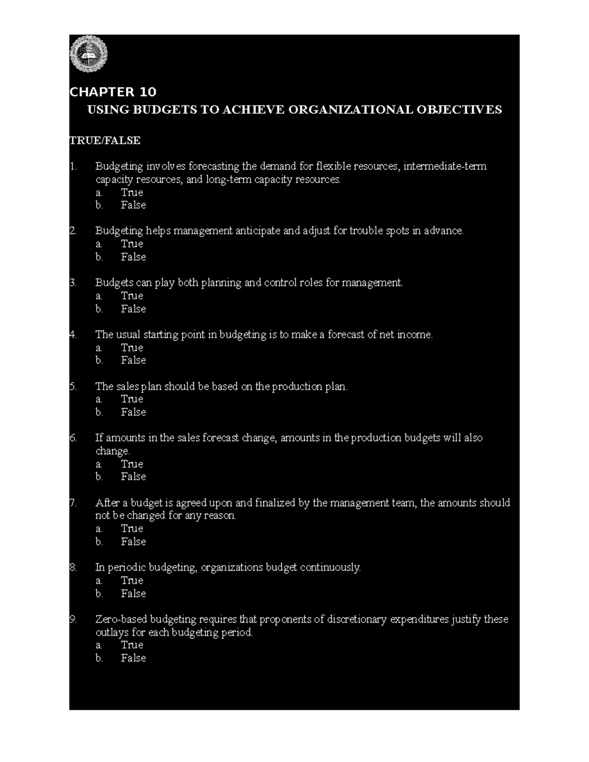 CHAP 10 - MANAGEMENT ACCOUNTING PRACTICE TEST CHAPTER 10 - Managerial ...