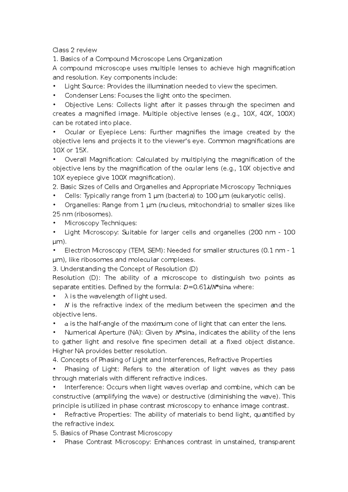 Class 2 review - Class 2 review Basics of a Compound Microscope Lens ...