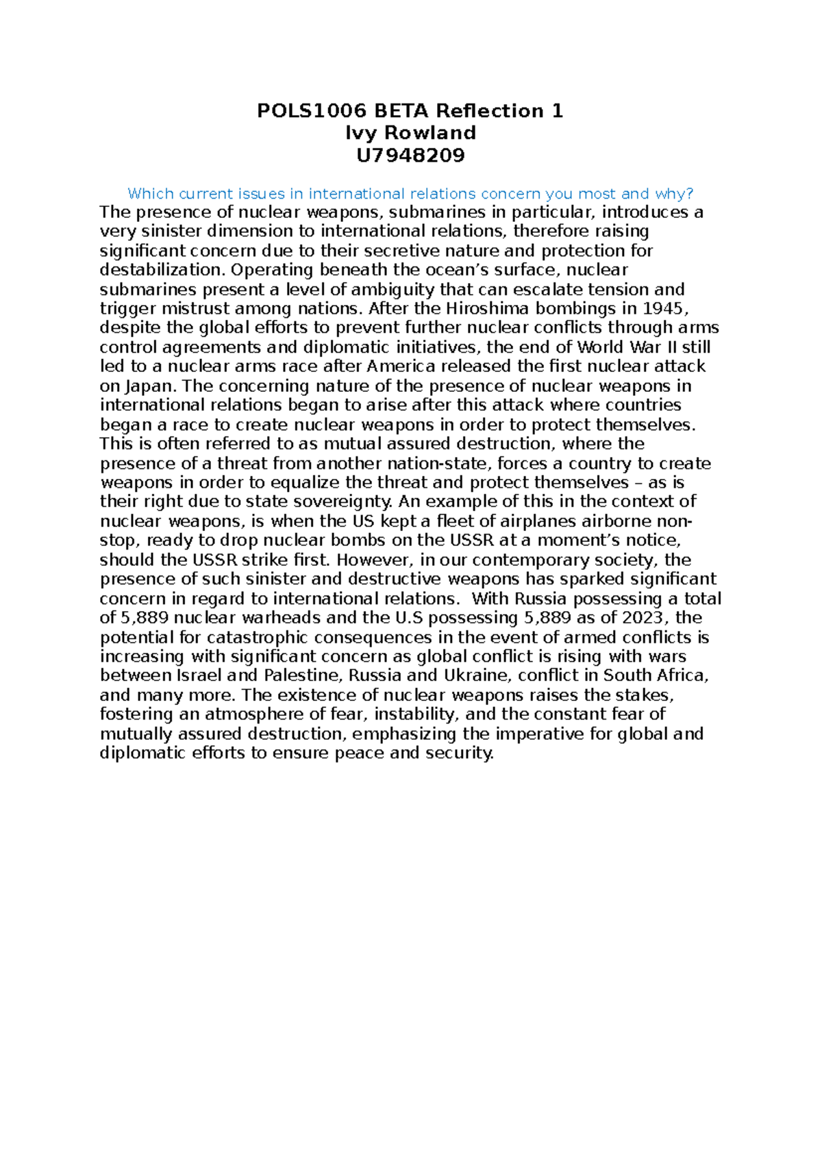 POLS1006 Reflection - POLS1006 BETA Reflection 1 Ivy Rowland U Which ...