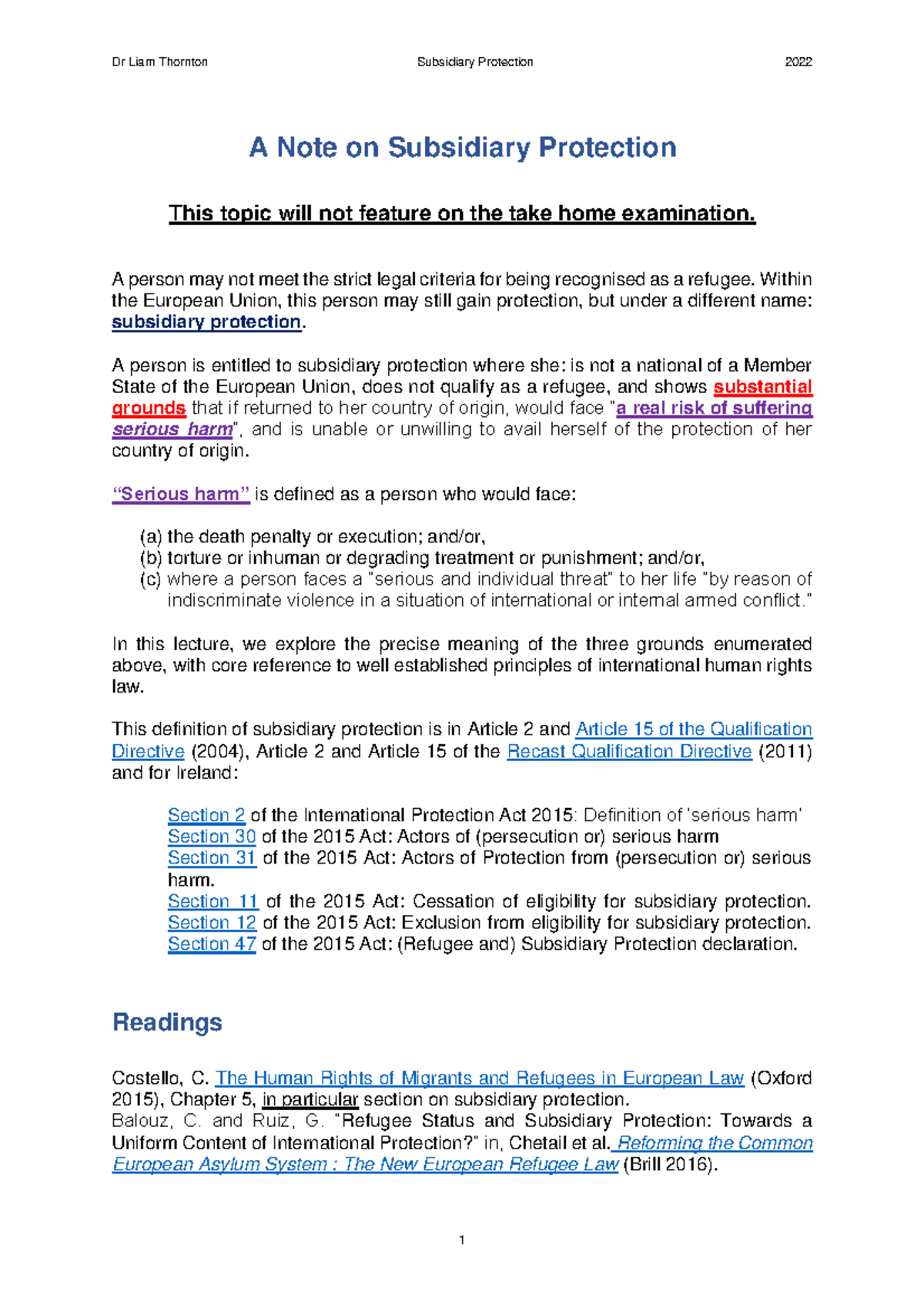 Note on Subsidiary Protection 2022 - A Note on Subsidiary Protection ...