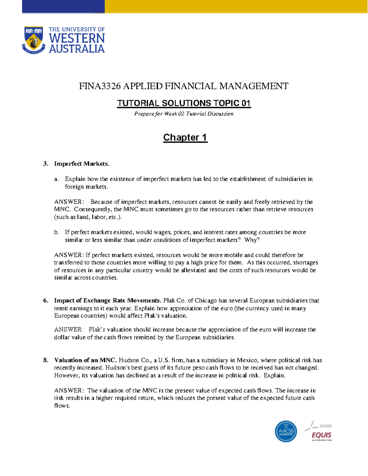 Tutorial Solutions - Notes - FINA3326 APPLIED FINANCIAL MANAGEMENT ...