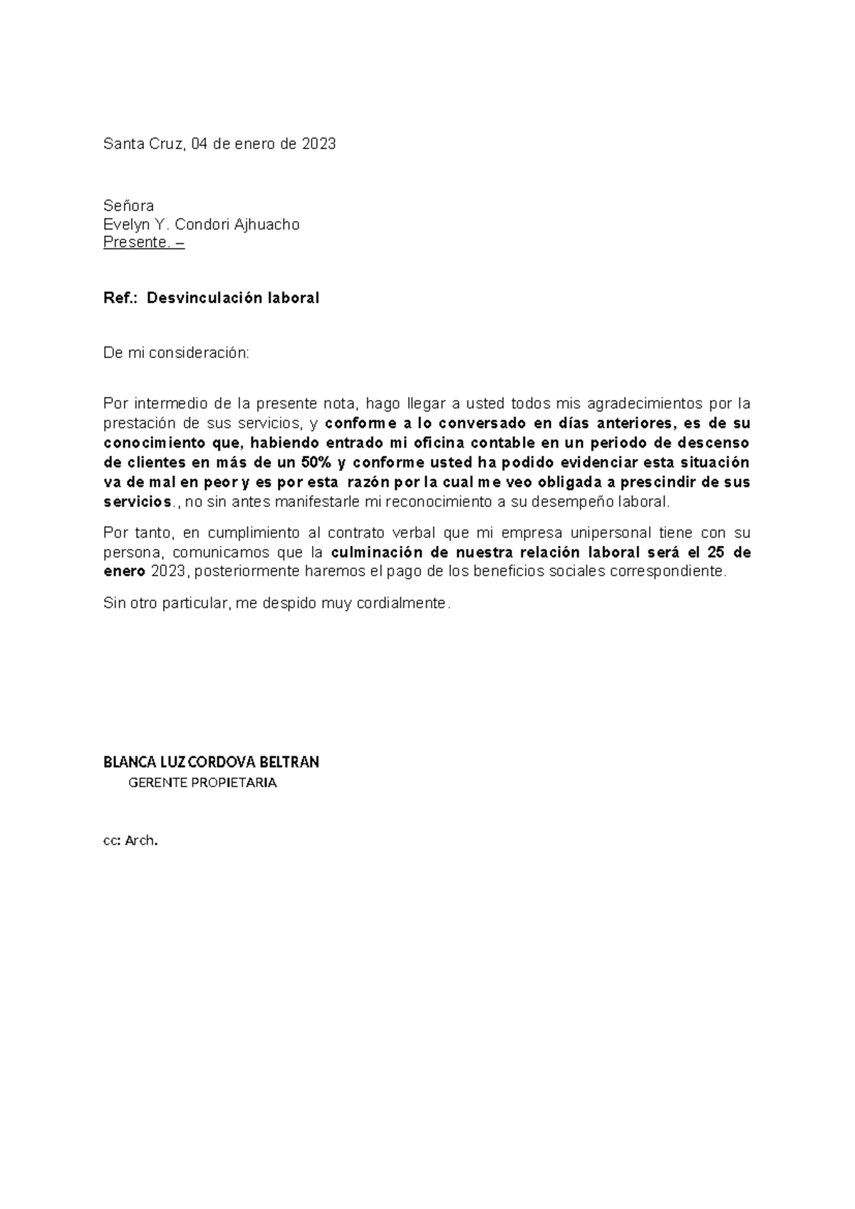 Despido Evelyn - Santa Cruz, 04 de enero de 2023 Señora Evelyn Y ...