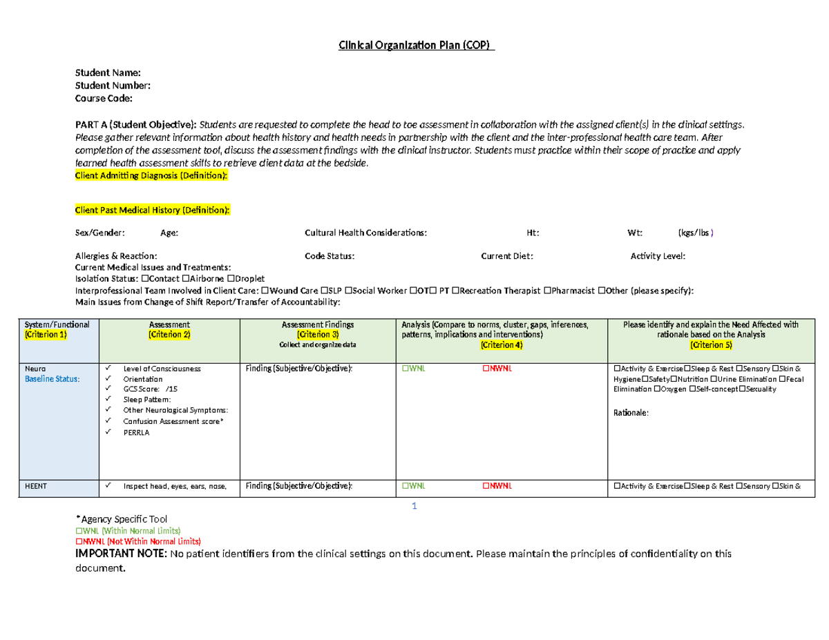 Fall 2023 Clinical Organizational Plan Template Weeks 1-9 - Clinical ...