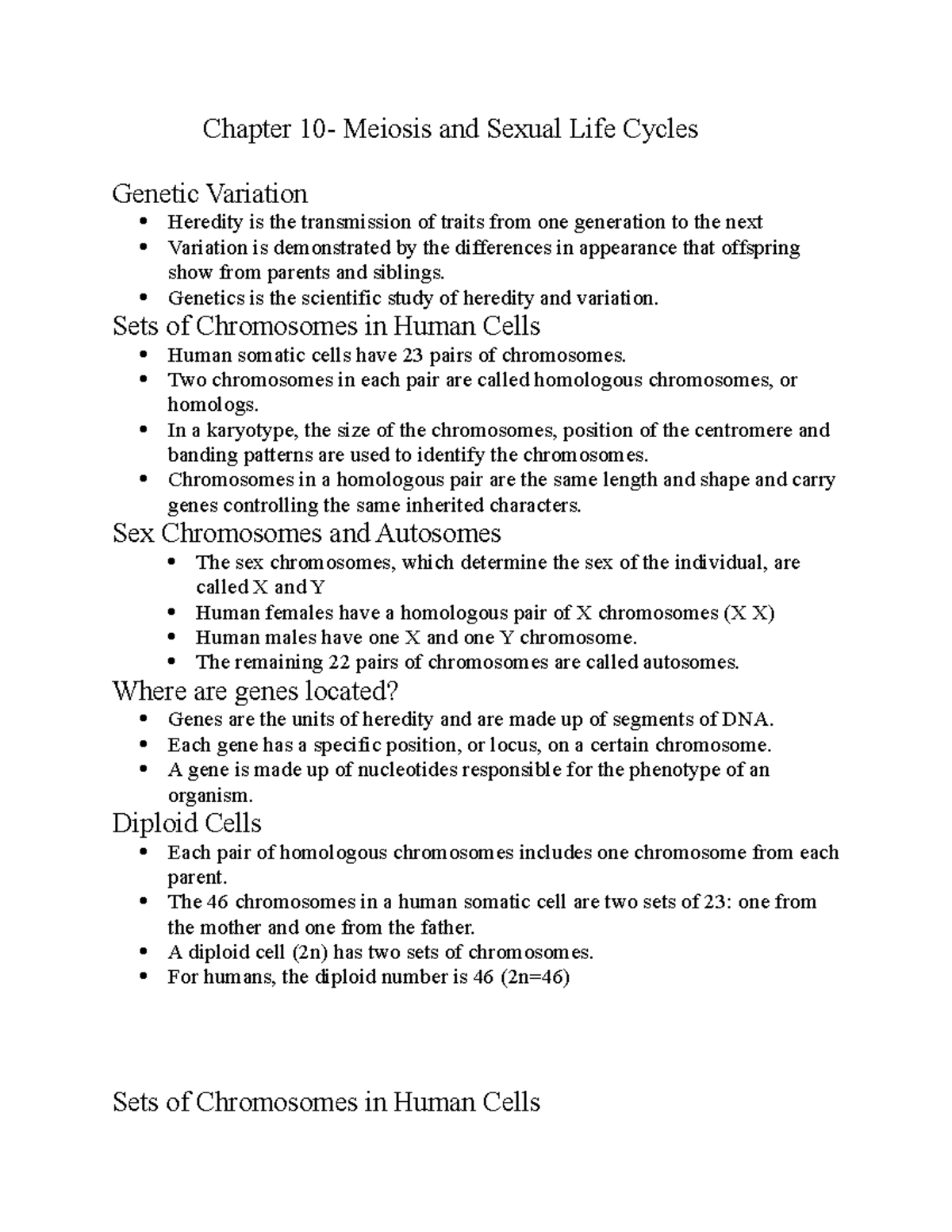 Chapter 10- Bio Notes - Chapter 10- Meiosis and Sexual Life Cycles ...
