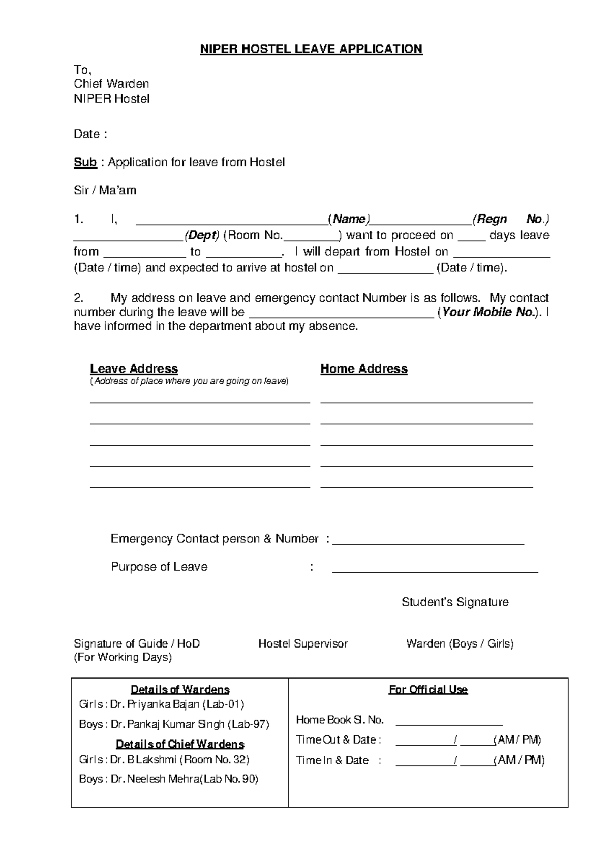 Niper Hostel Leave Application 1 - NIPER HOSTEL LEAVE APPLICATION To ...