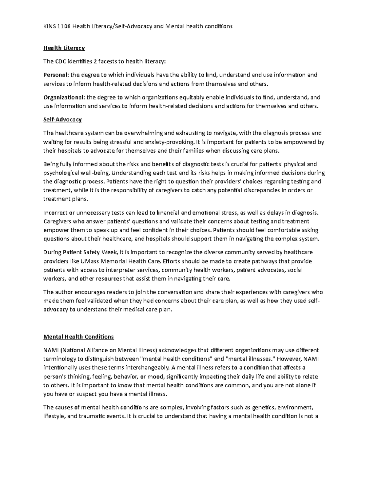 Self-Advocacy and Mental Health - KINS 1106 Health Literacy/Self ...