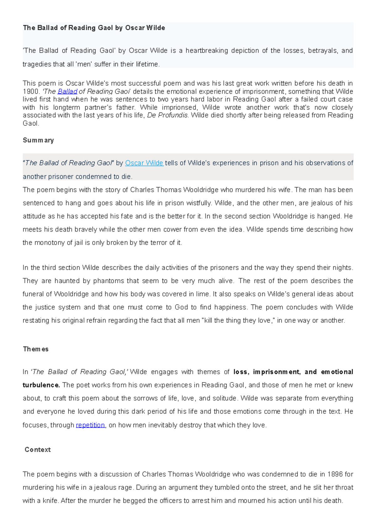 The Ballad of Reading Gaol by Oscar Wilde - This poem is Oscar Wilde’s ...