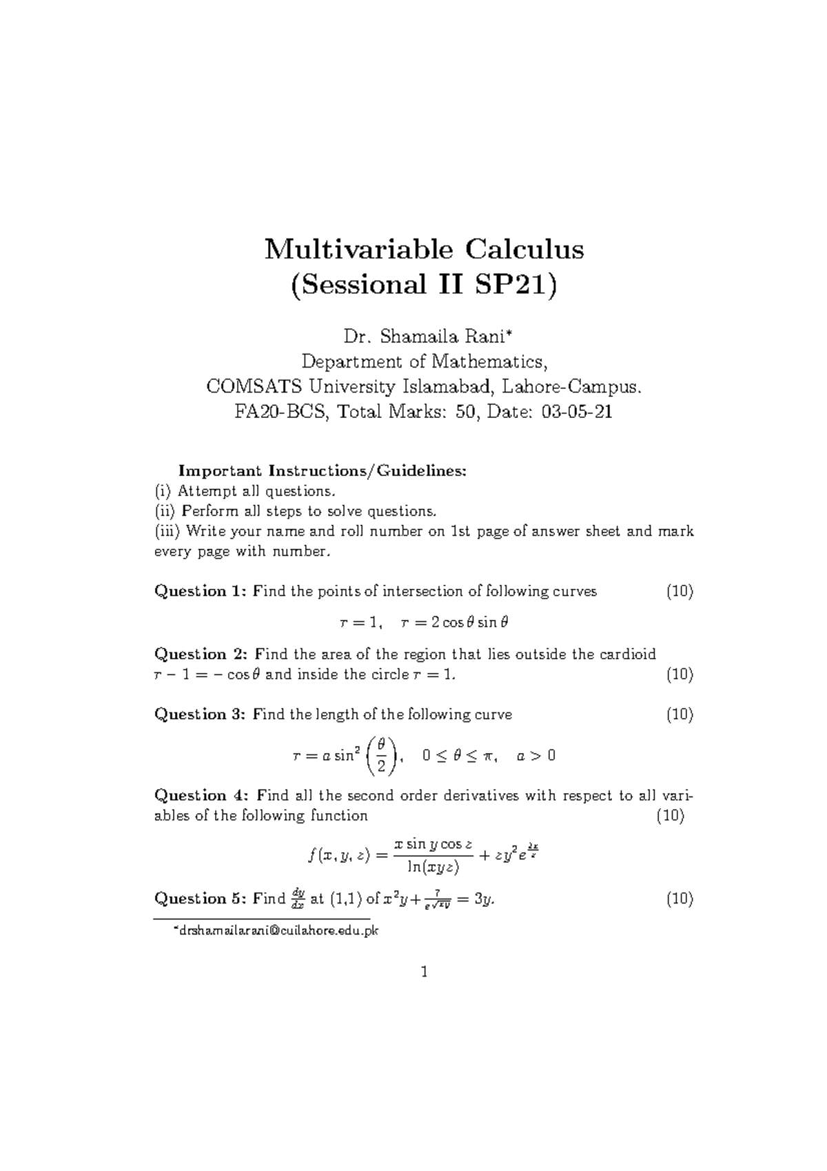 Sessional-2 of Spring 2021 - Multivariable Calculus (Sessional II SP21) Dr. Shamaila Rani∗ - Studocu