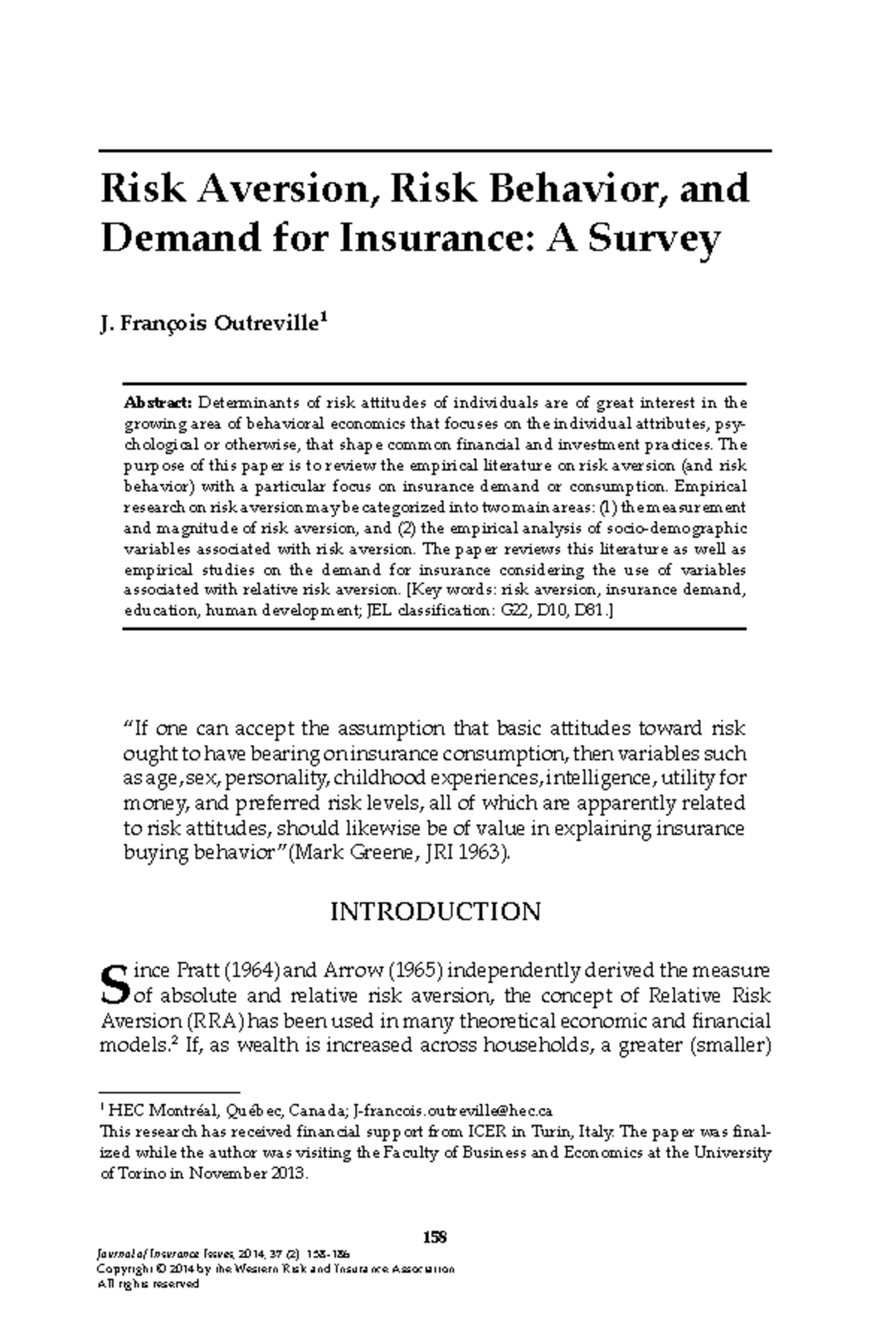 Risk Aversion, Risk Behavior, and Demand for Insurance A Survey - 158 ...