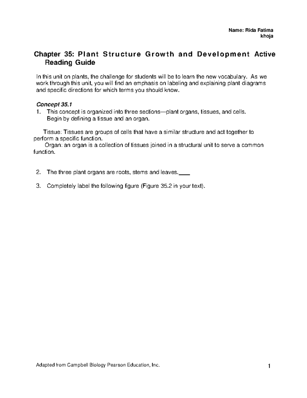 Ch. 35 Plant Growth and Development Active Reading Assignment - Name ...