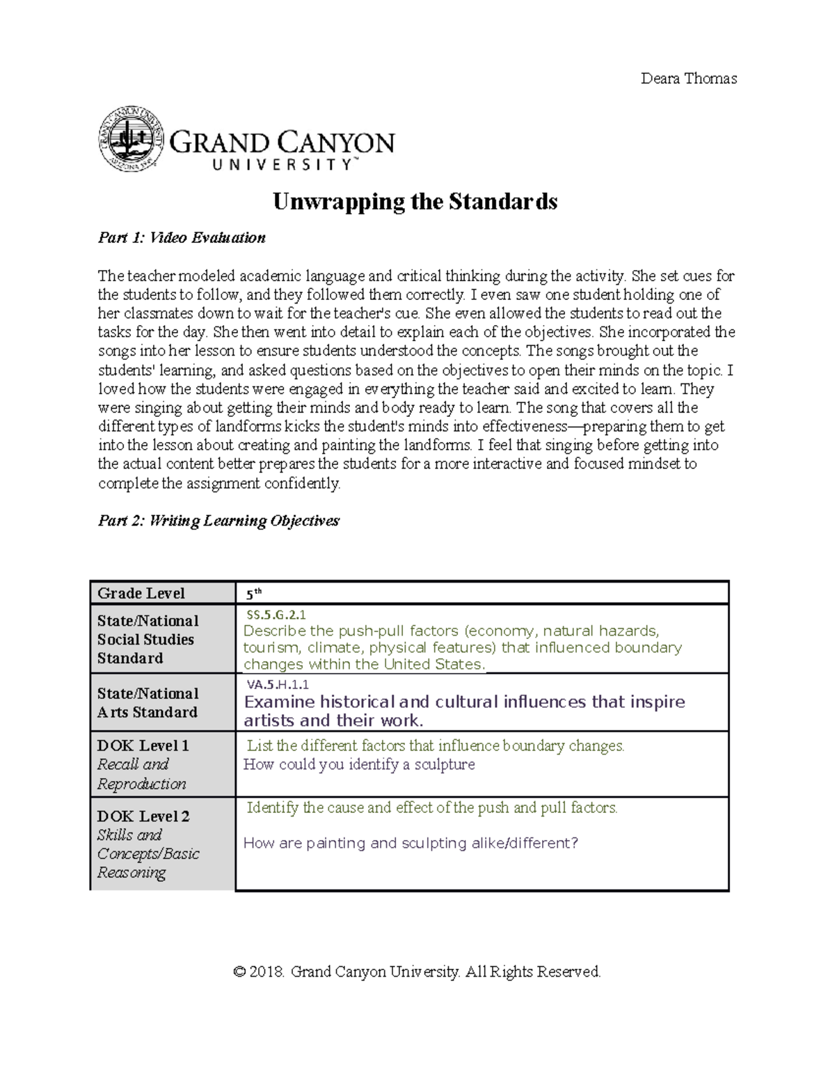 ELM 351 T1 Unwrapping the Standards Chart - Deara Thomas Unwrapping the ...