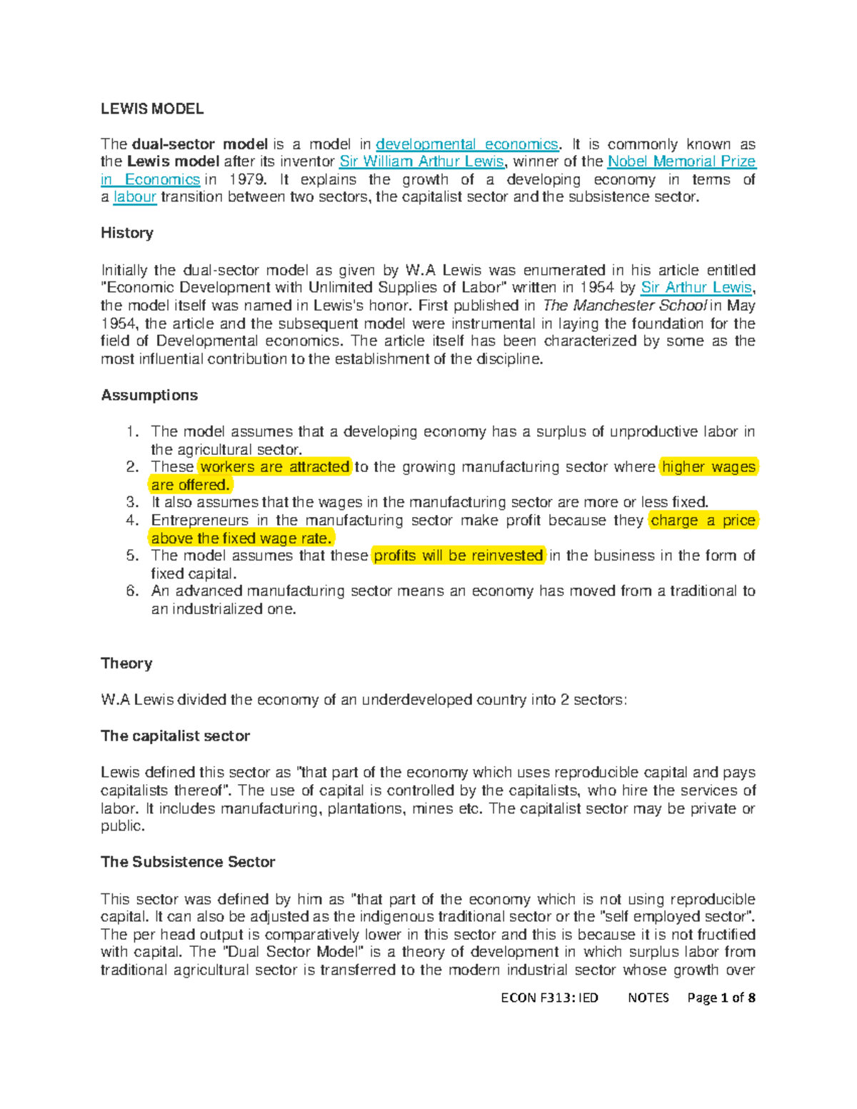 ECON F313 Lewis Model Notes ADDL 2020 - LEWIS MODEL The dual-sector ...