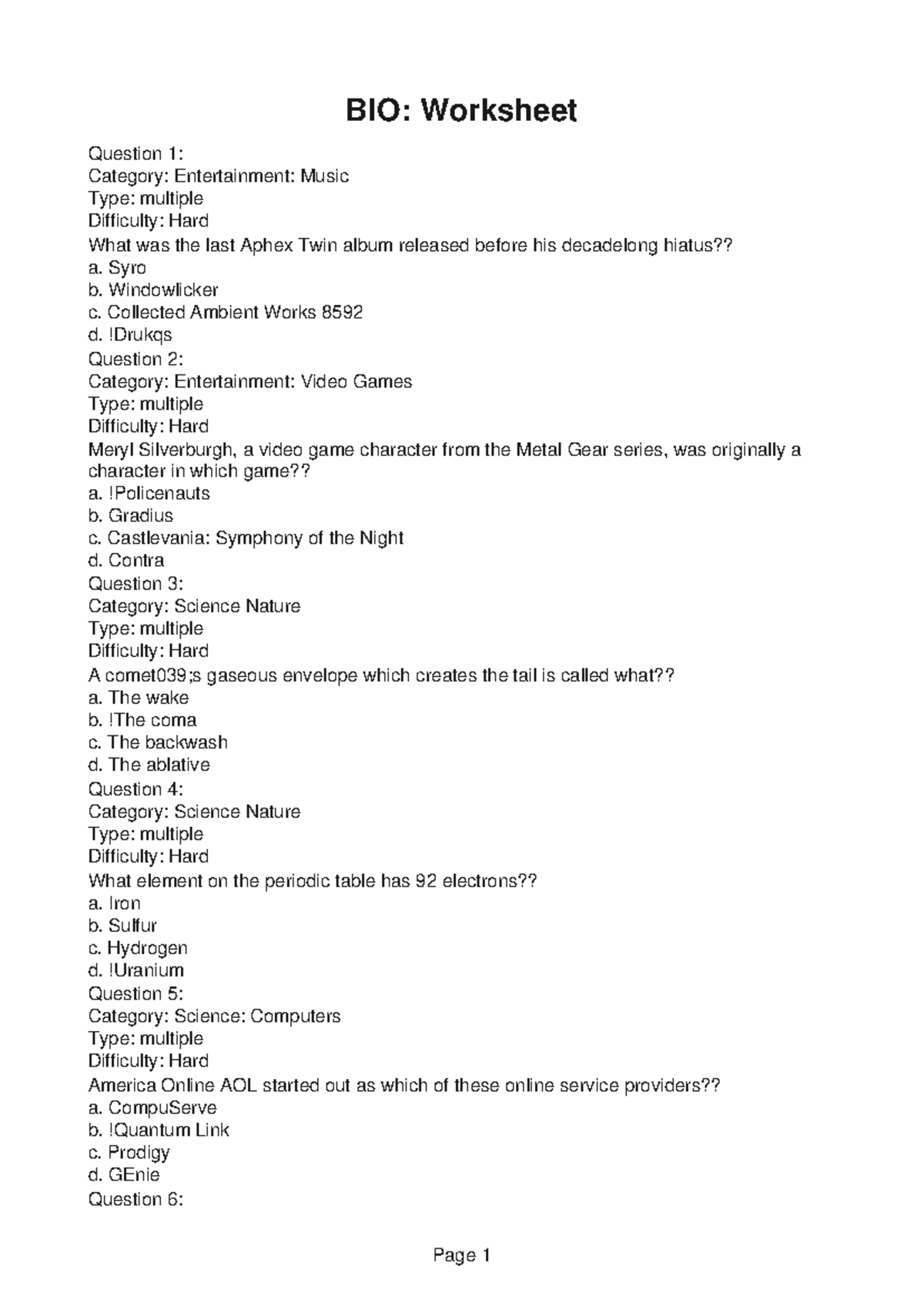 BIO171-Worksheet-2 - Biology - BIO: Worksheet Question 1: Category ...