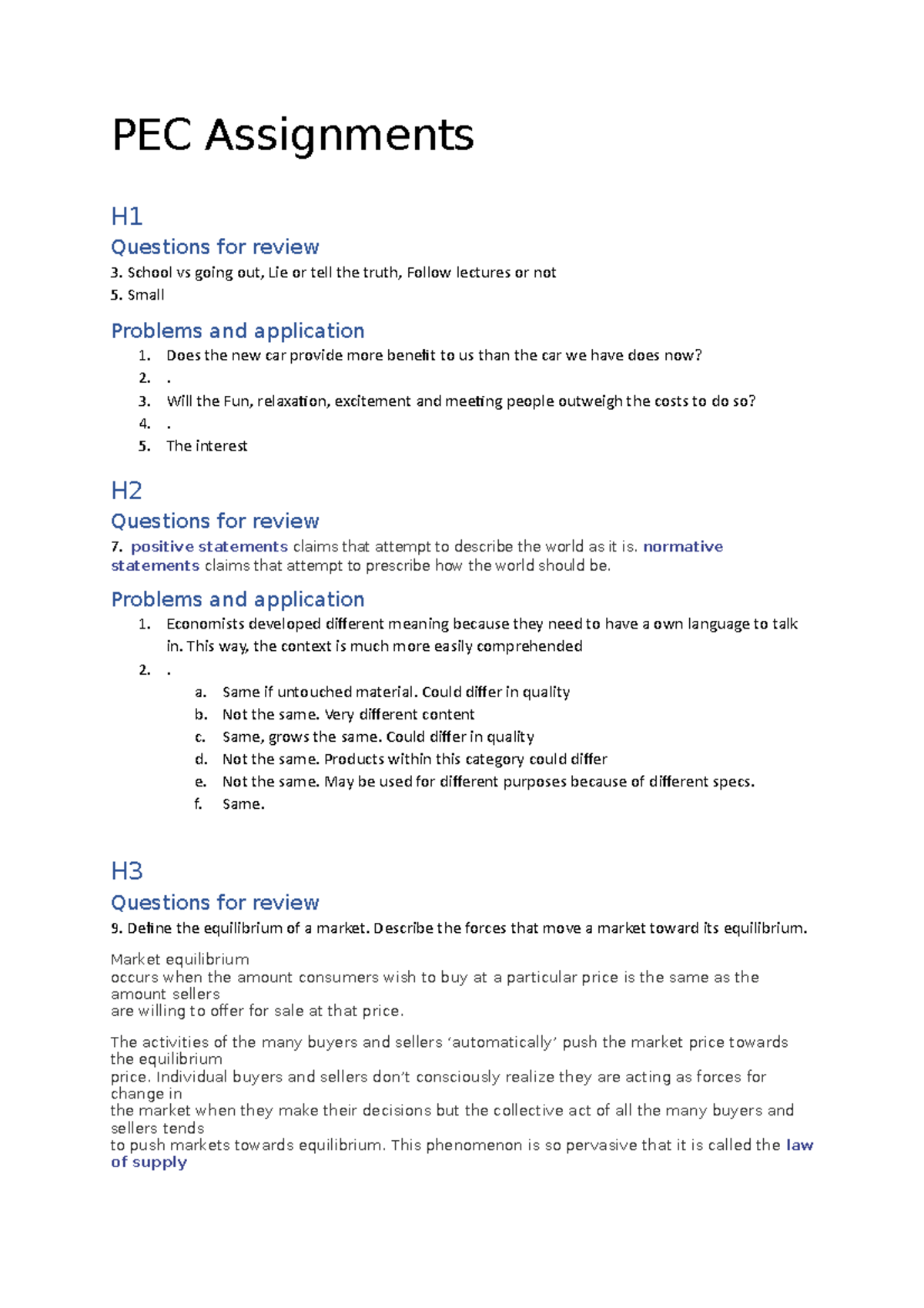 PEC Assignments - antwoorden - PEC Assignments H Questions for review School vs going out, Lie ...