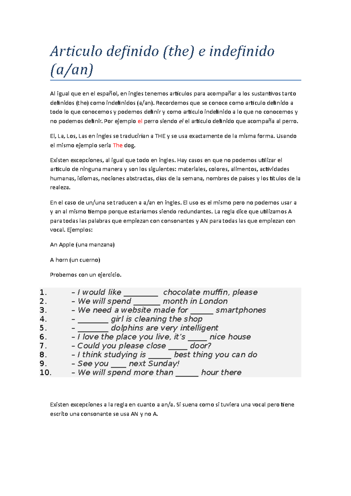 Articulo definido e indefinido - Articulo definido (the) e indefinido ...