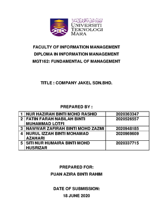 MGT162 Group Assignment - FUNDAMENTALS OF MANAGEMENT (MGT 162) GROUP ...