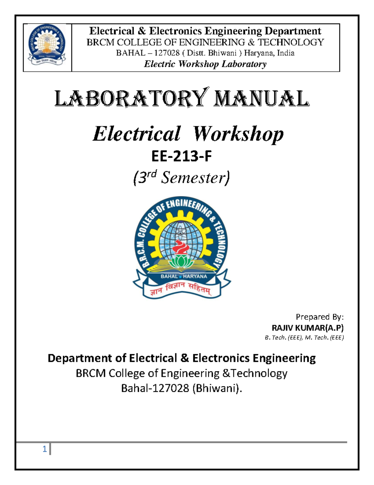 WS - electrical workshop - LABORATORY MANUAL Electrical Workshop EE-213 ...