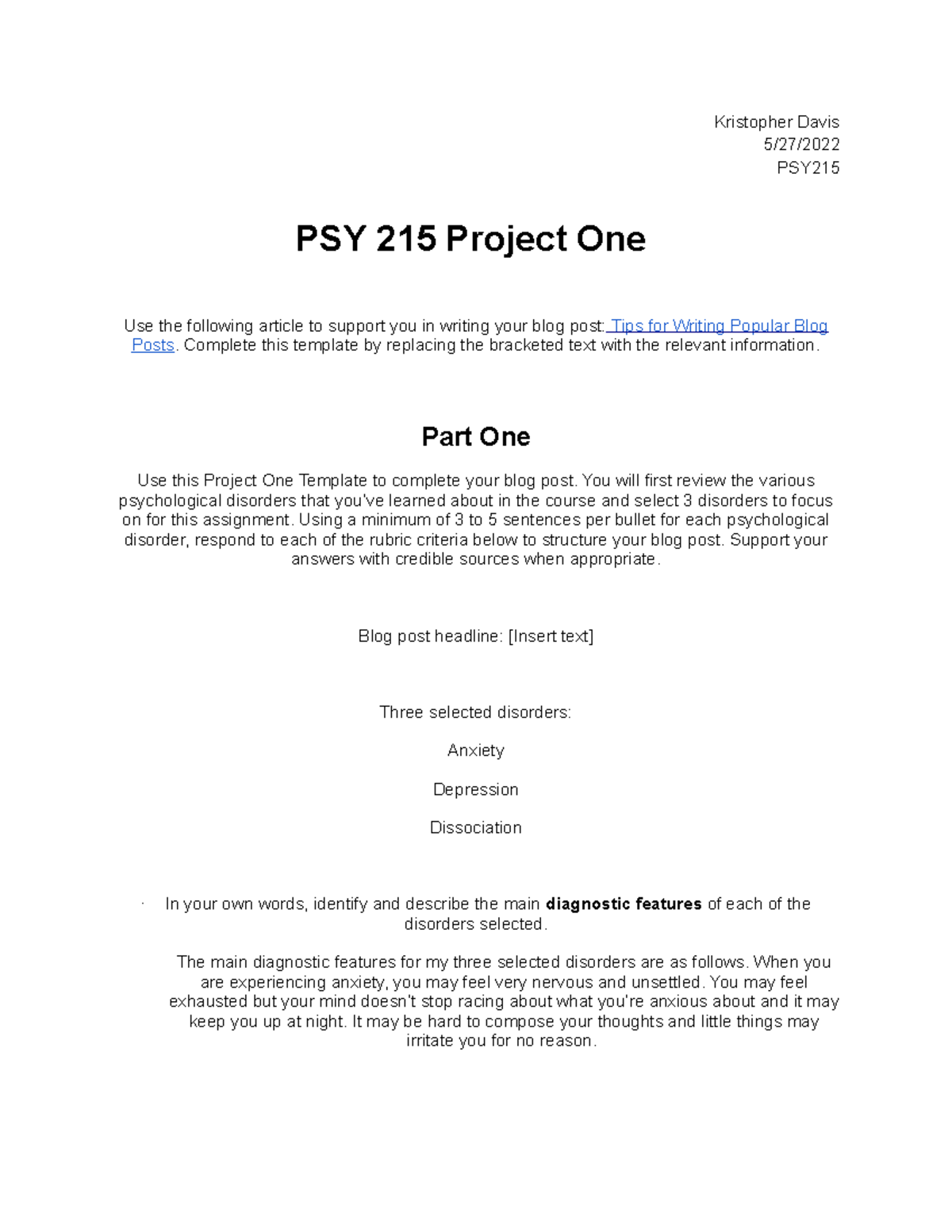 PSY215 4-2 - PSY 215 abnormal psychology project overview for unit 4-2 ...