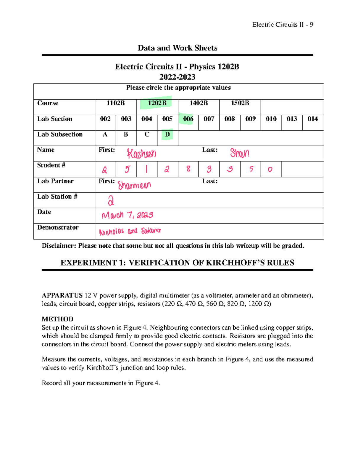 Phsyics 1202B Circuits Lab Worksheets - Data and Work Sheets Electric ...