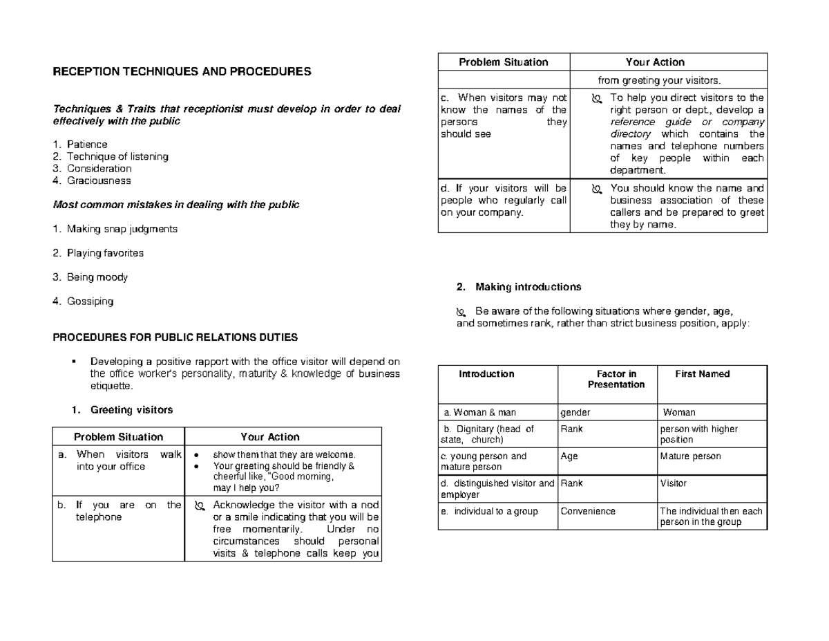 Reception- Techniques - RECEPTION TECHNIQUES AND PROCEDURES Techniques ...
