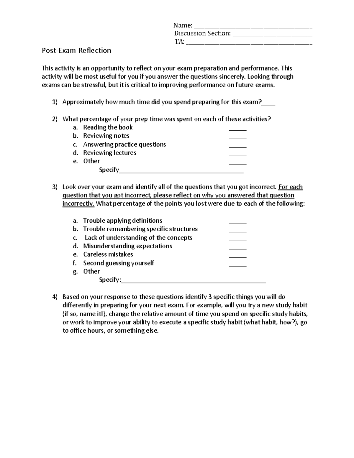 Exam Wrapper - Exam reflection - Name ...