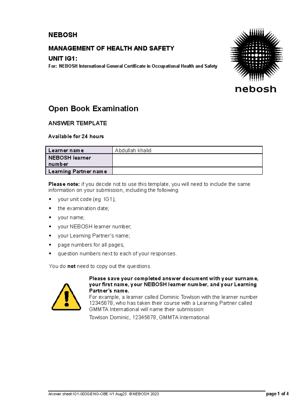 IG1 0030-ENG-OBE-Answer-sheet-V1 - Open Book Examination ANSWER TEMPLATE Available for 24 hours ...