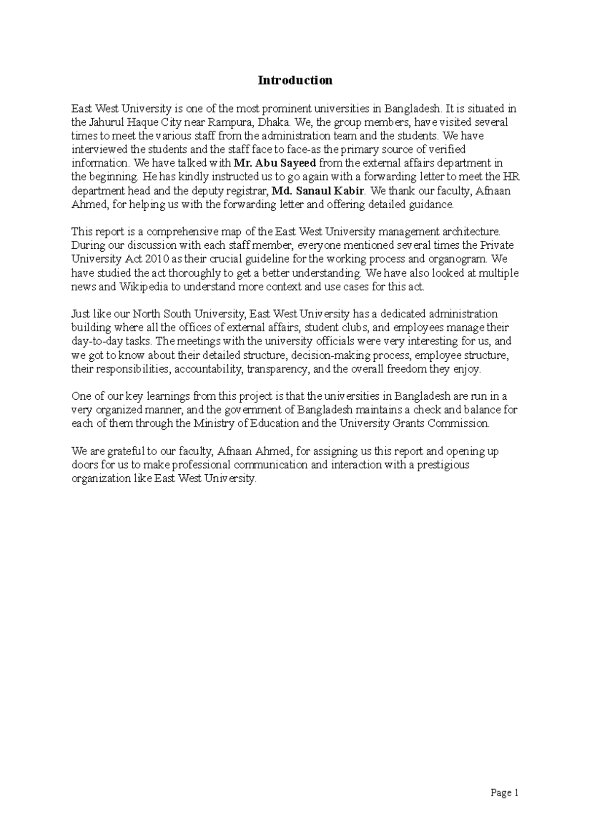 Content of MGT 212 Report - Introduction East West University is one of ...