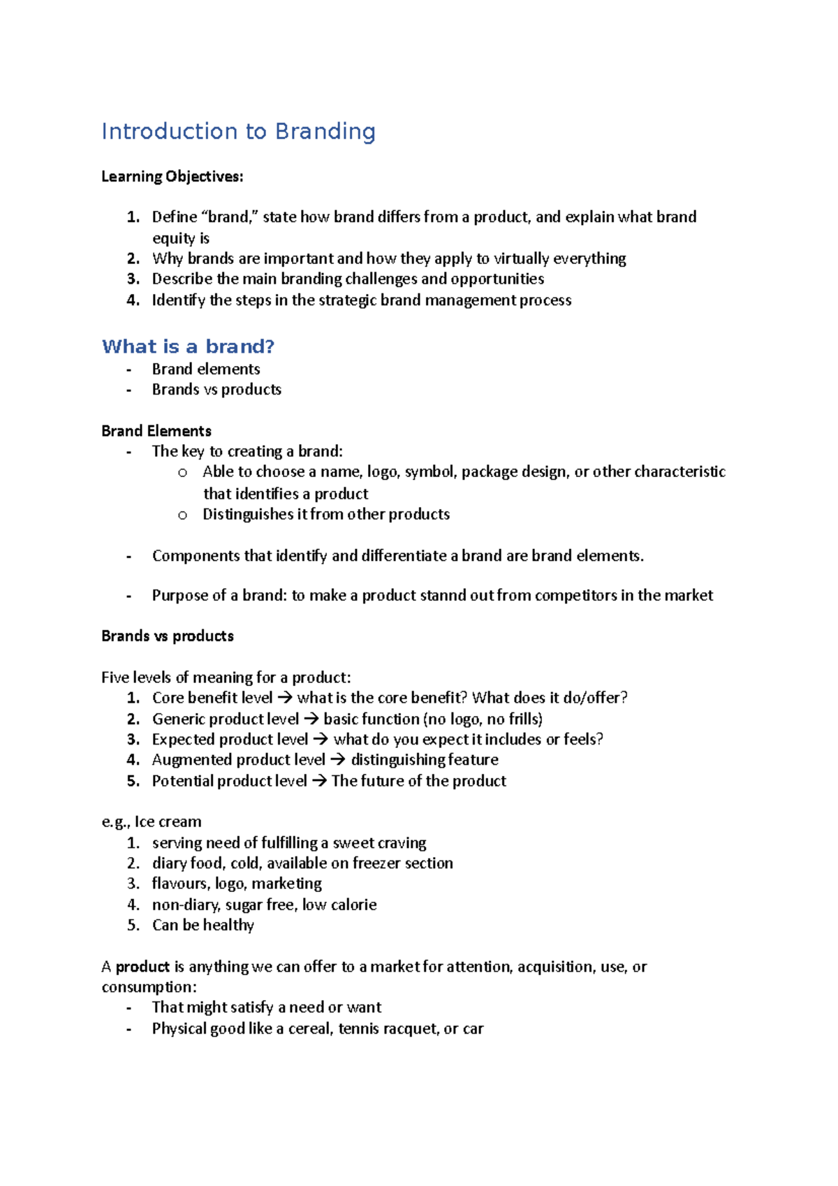 Branding notes exam 1 - Introduction to Branding Learning Objectives ...