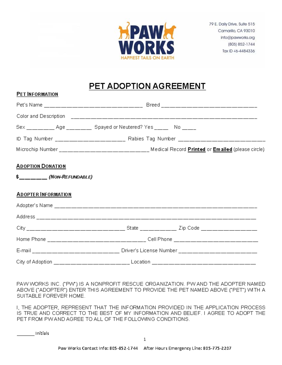 Adoption Contract 2019 1 - _______ Initials 1 PET ADOPTION AGREEMENT ...