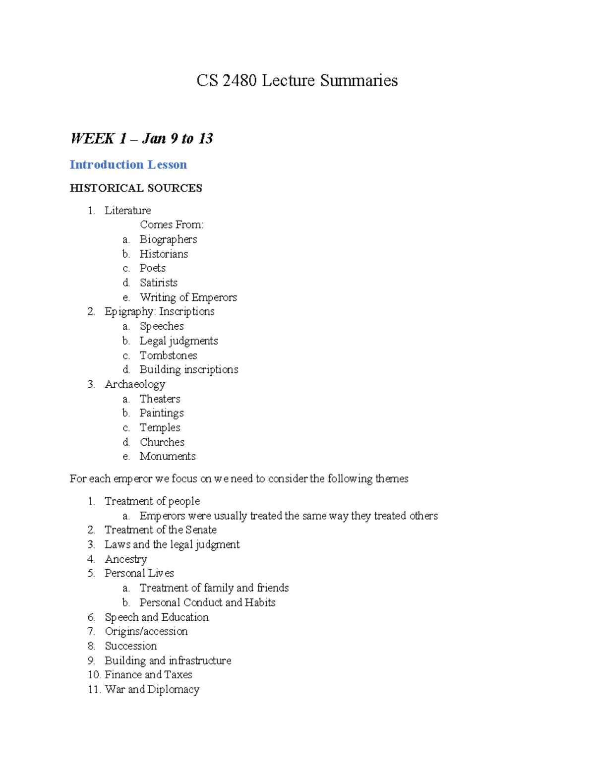 Classics 2408 Lecture Summaries - CS 2480 Lecture Summaries WEEK 1 – Jan 9 to 13 Introduction ...