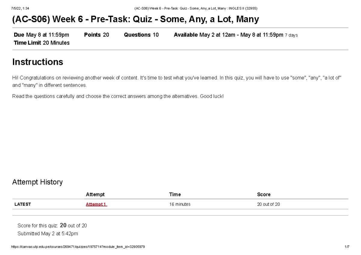 (AC-S06) Week 6 - Pre-Task Quiz - Some, Any, a Lot, Many Ingles II (32955) - (AC-S06) Week 6 ...