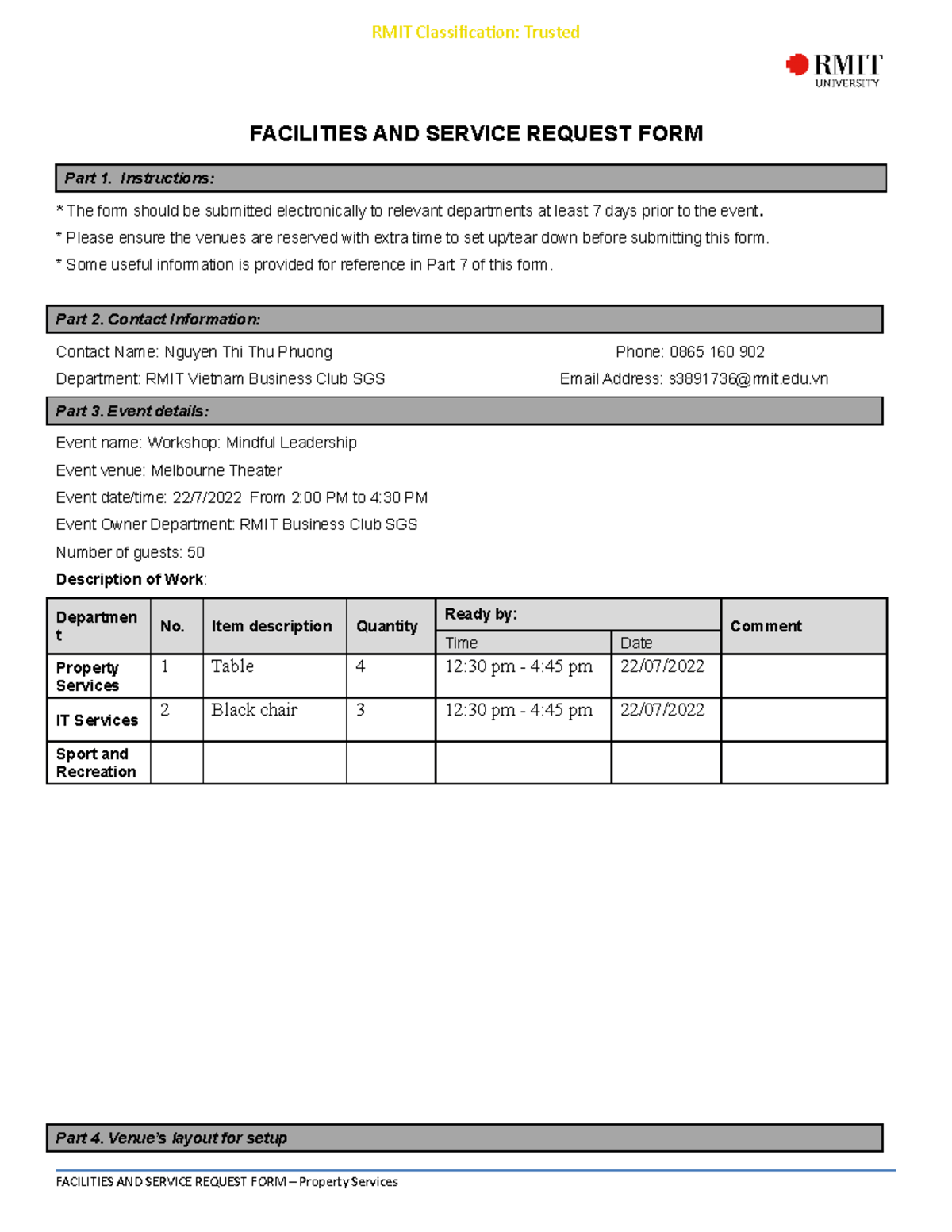 [Mindful Leadership Workshop] FSRF Form - FACILITIES AND SERVICE REQUEST FORM Part 1 ...