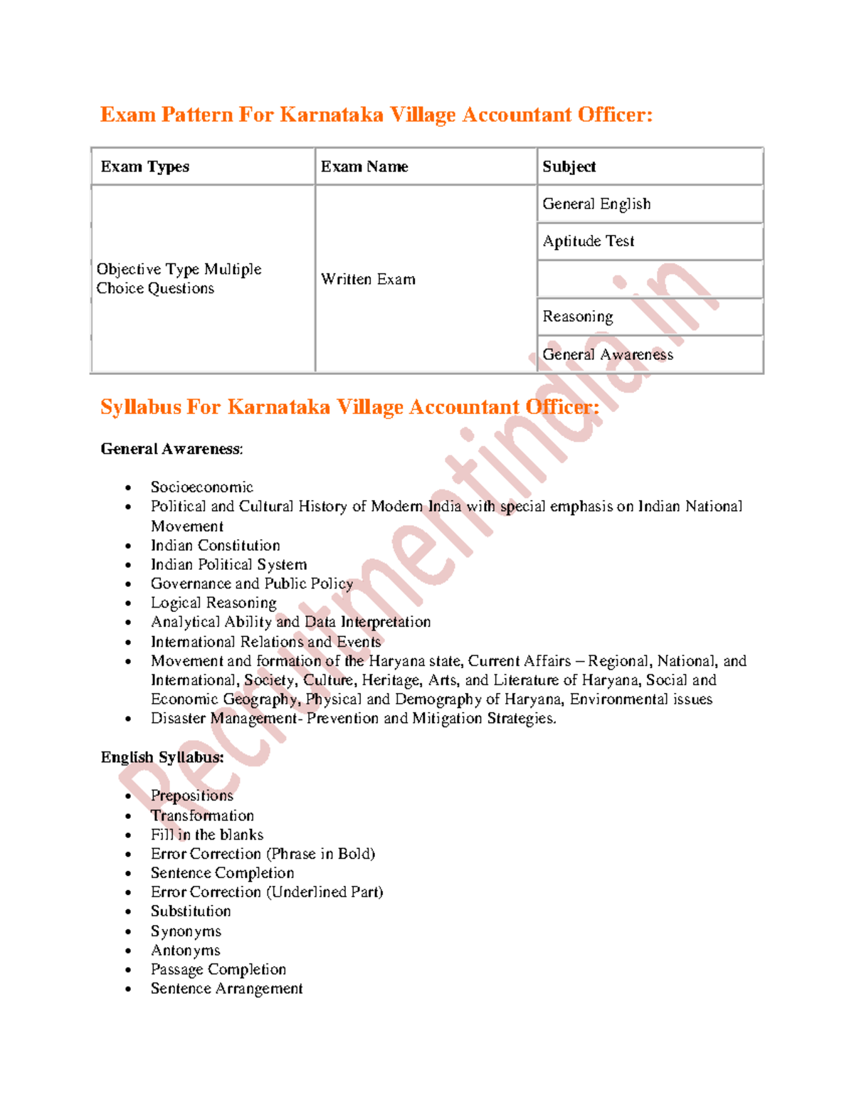 VAO-Syllabus - Exam Pattern For Karnataka Village Accountant Officer ...