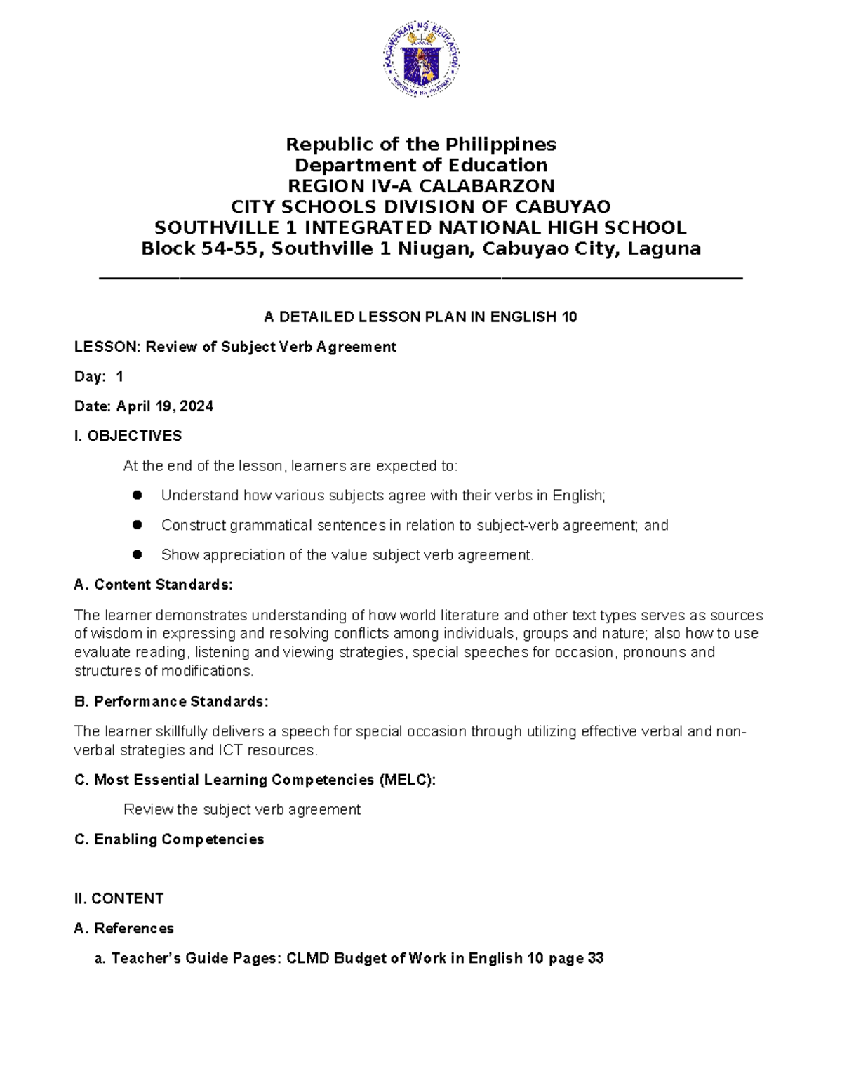 Q4-W2-Day-1- Subject-VERB Agreement - A DETAILED LESSON PLAN IN ENGLISH ...