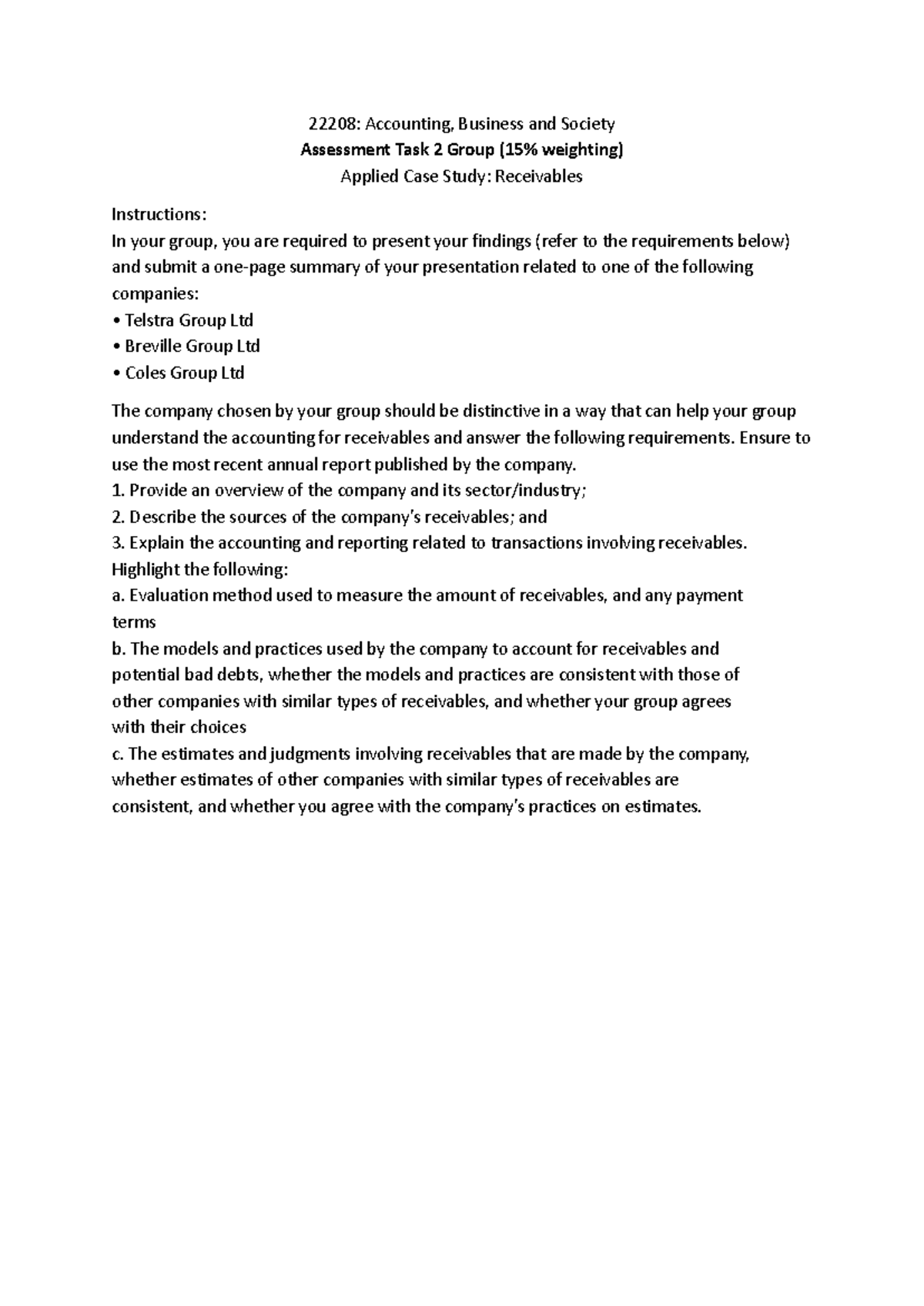 22208 Assessment 2 - Applied Case Study Group 2 Receivables-3 - 22208 ...