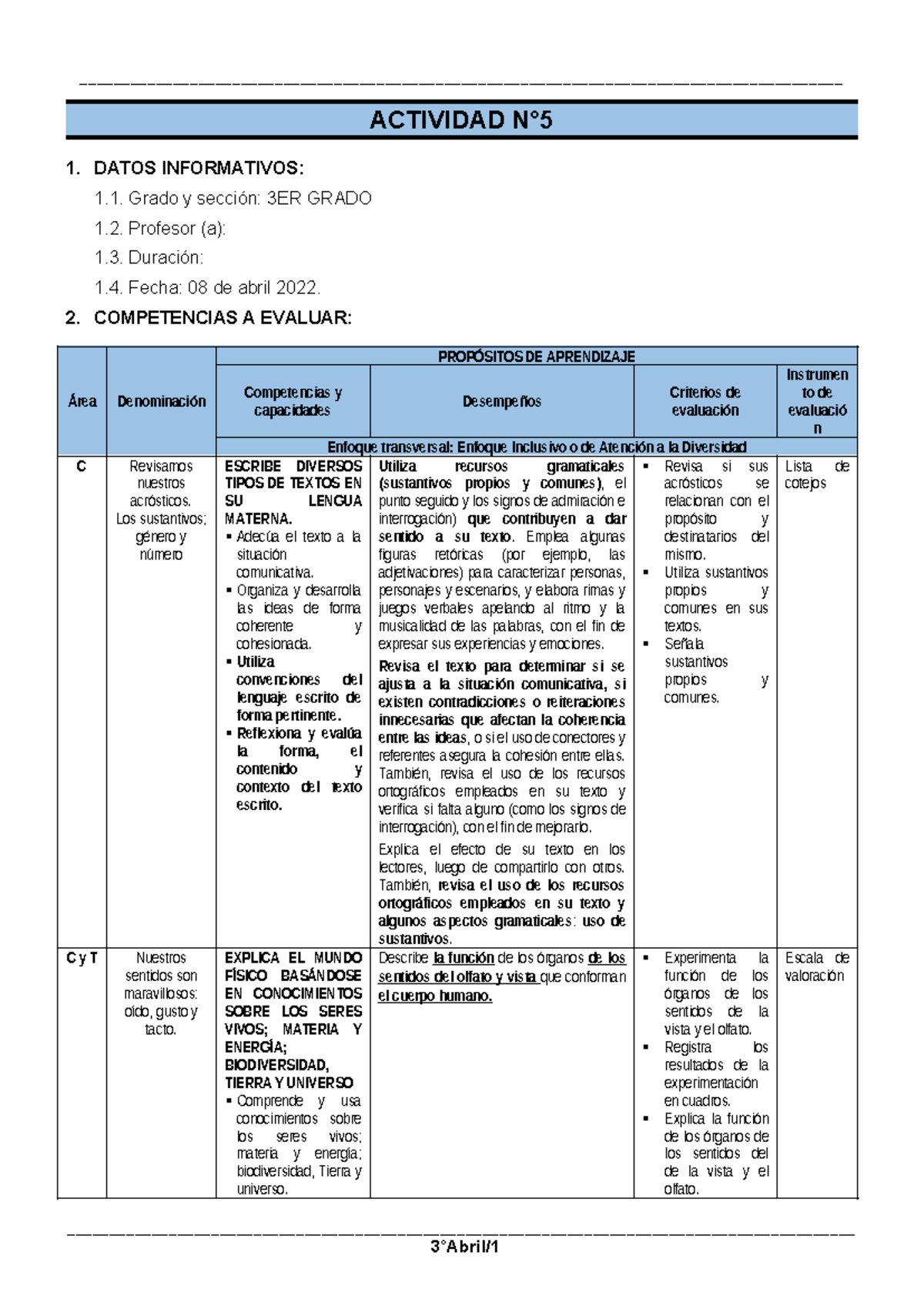 3° Grado - Actividad DEL DIA 08 DE Abril - ACTIVIDAD N° 5 1. DATOS INFORMATIVOS: 1. Grado y ...