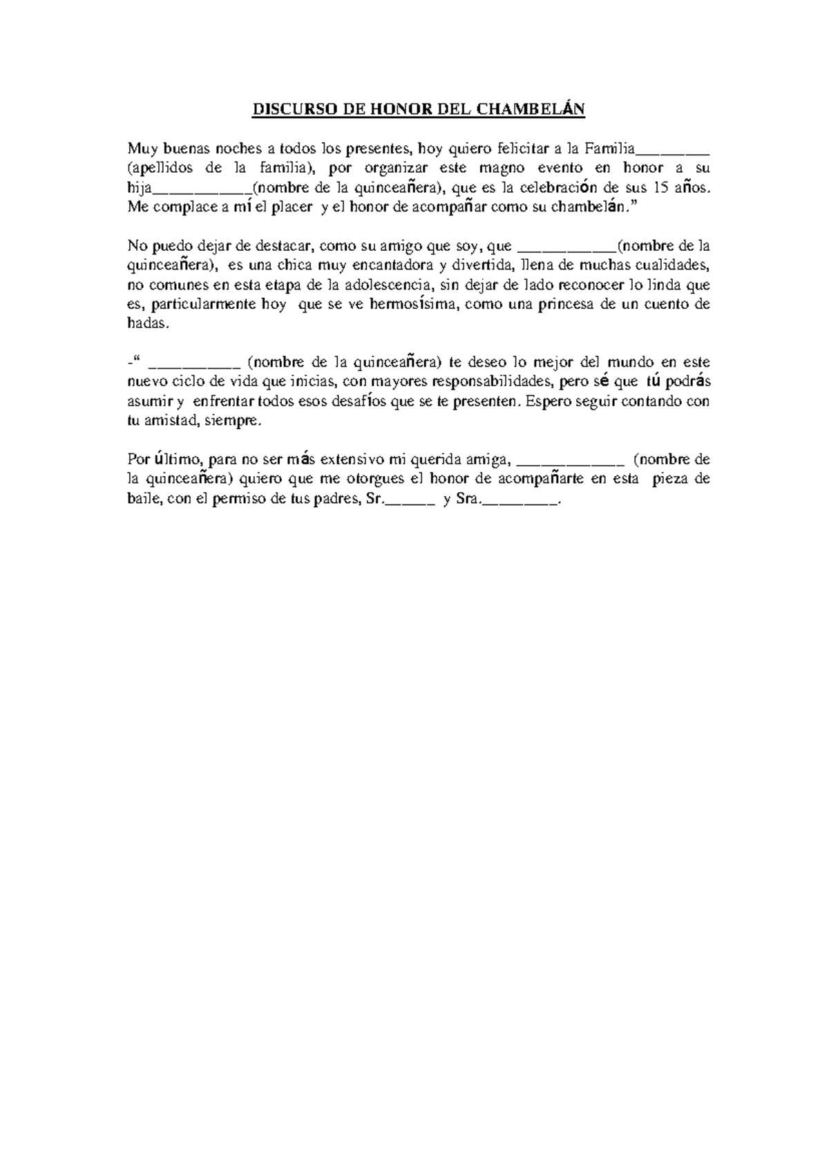 Discurso DE Honor DEL Chambelán - DISCURSO DE HONOR DEL CHAMBELÁN Muy ...