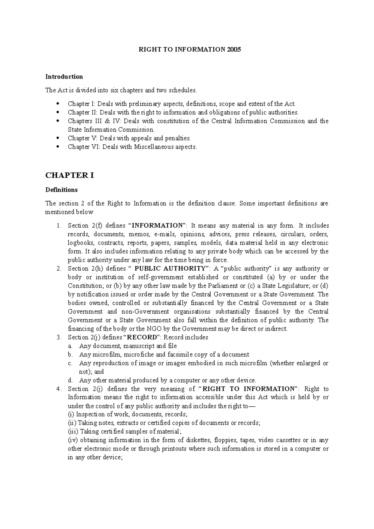 RTI-Notes - RIGHT TO INFORMATION 2005 Introduction The Act is divided ...