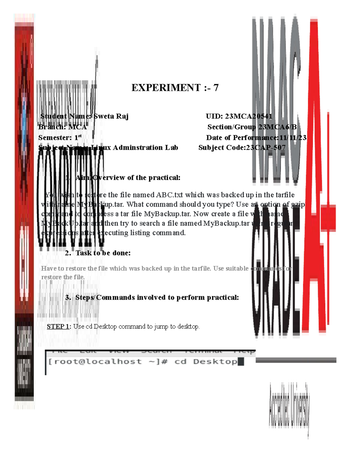 Sweta Linux Exp 7 - ......................................... - EXPERIMENT :- 7 Student Name ...