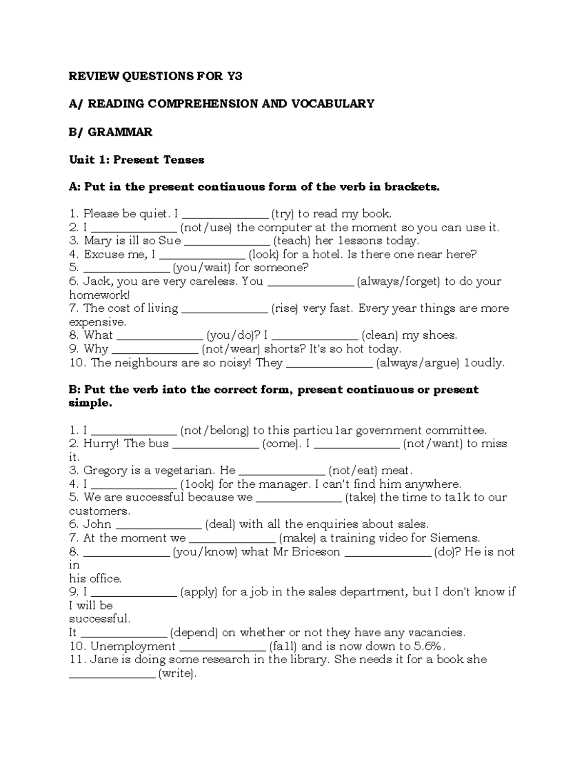 Y3 CAT Preparation Guidelines- February 2024 - REVIEW QUESTIONS FOR Y A ...